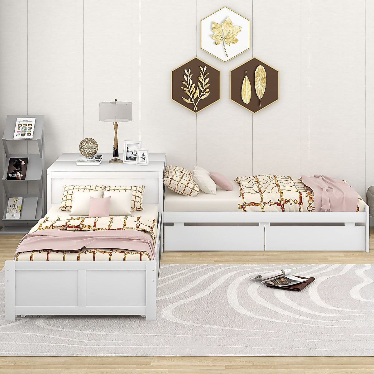 L-Shape Twin Beds 2 Platform Beds with Trundle and Storage Drawers Linked with Flip Square Table Wood Twin Size Corner Bed for 3 Kids, Teens, Boys, Girls, White