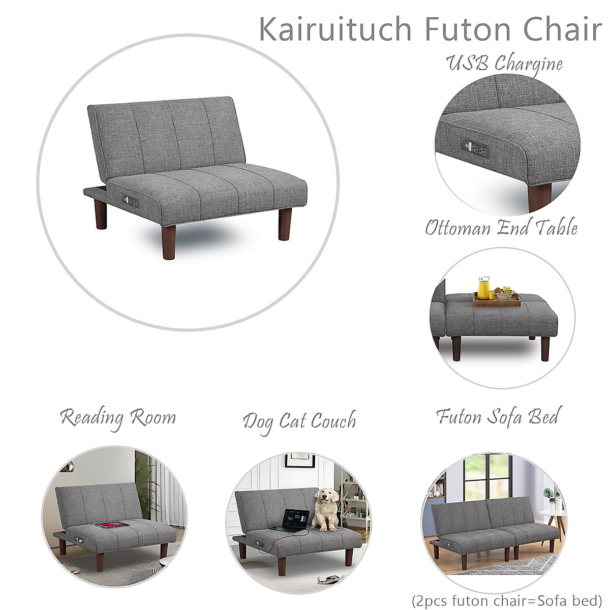 Mini Couches, Armless Upholstered Futon Couch Chair with USB Charger, Adjustable Backrest Small Sofa Couch for Living Room, Bedroom, Office, Dorm, Apartment,Kids Room,Gray Dog Couch 305DR1USB