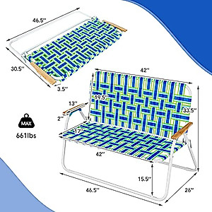 Giantex Folding Beach Camping Chair - Webbing Chair with Armrest, Foot Pad, Metal Frame, 661 Lbs Capacity, Outdoor Portable Lounge Chair for Patio, Poolside, Fishing, Yard, Lawn Chair (2 Person, Blue)
