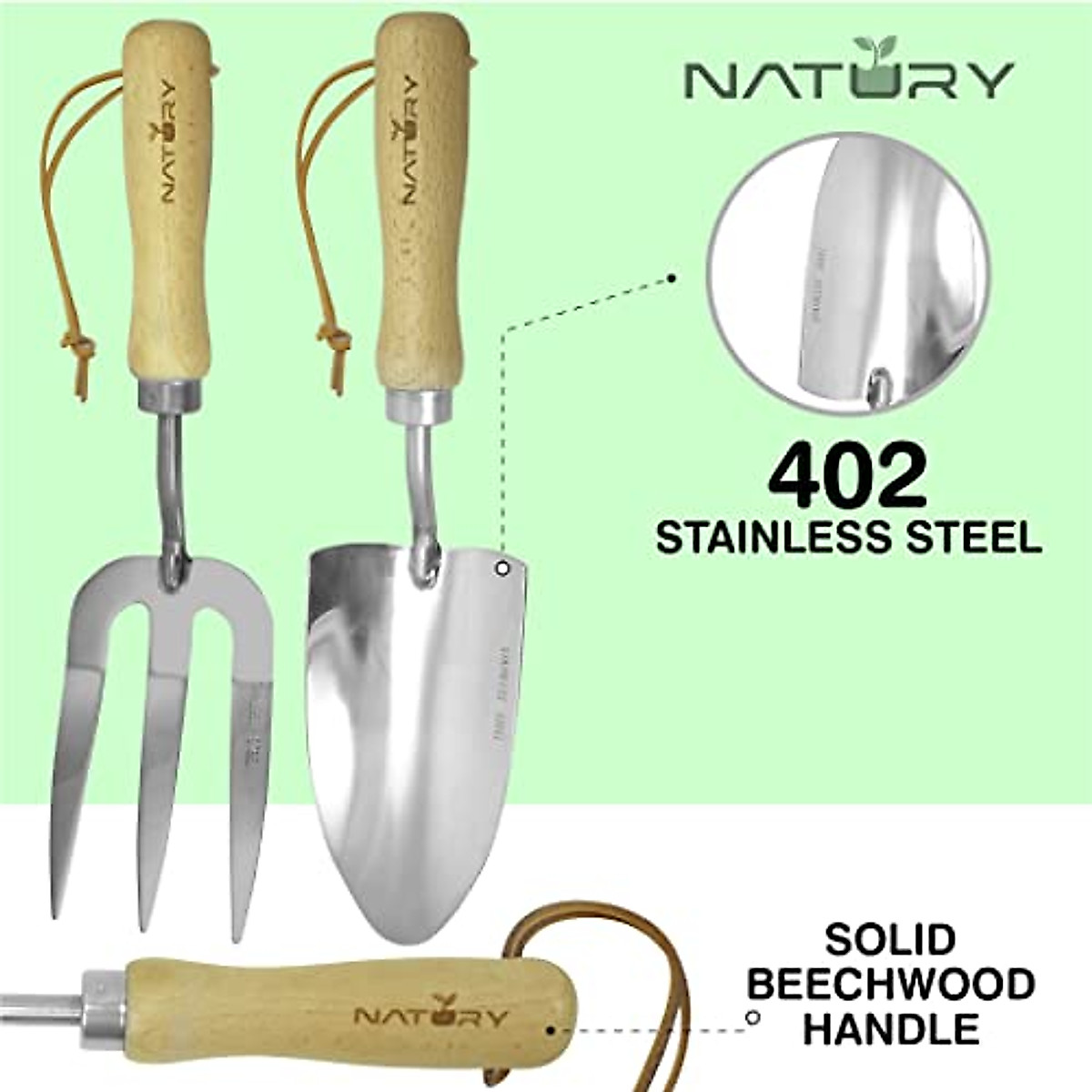 Natury Gardening Tool Set – Premium Stainless Steel Gardening Hand Tools with Solid Beechwood Handle – Gardening Kit with Rake, Shovel, Gloves, Shears, Tool Organizer – Garden Gifts for Women and Men