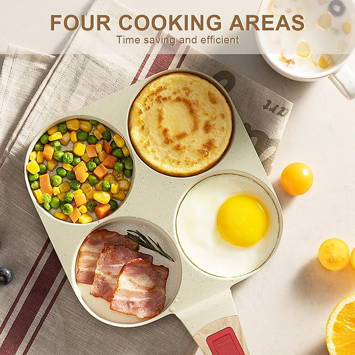 RANXINGST Egg Pan Induction, Non Stick 4 Cup Pancake Pan with Detachable Handle Burger Pan Egg Frying Pan for Breakfast - White