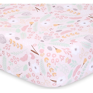 The Peanutshell Crib Sheet Set for Baby Girls | Pink Floral and Woodland Animals | 2 Pack Set