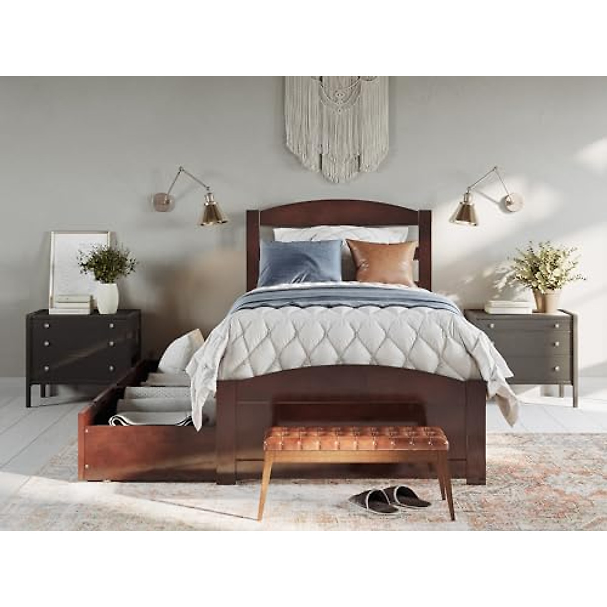 AFI Warren Twin XL Size Platform Bed with Footboard, Storage, & Charging Station in Walnut