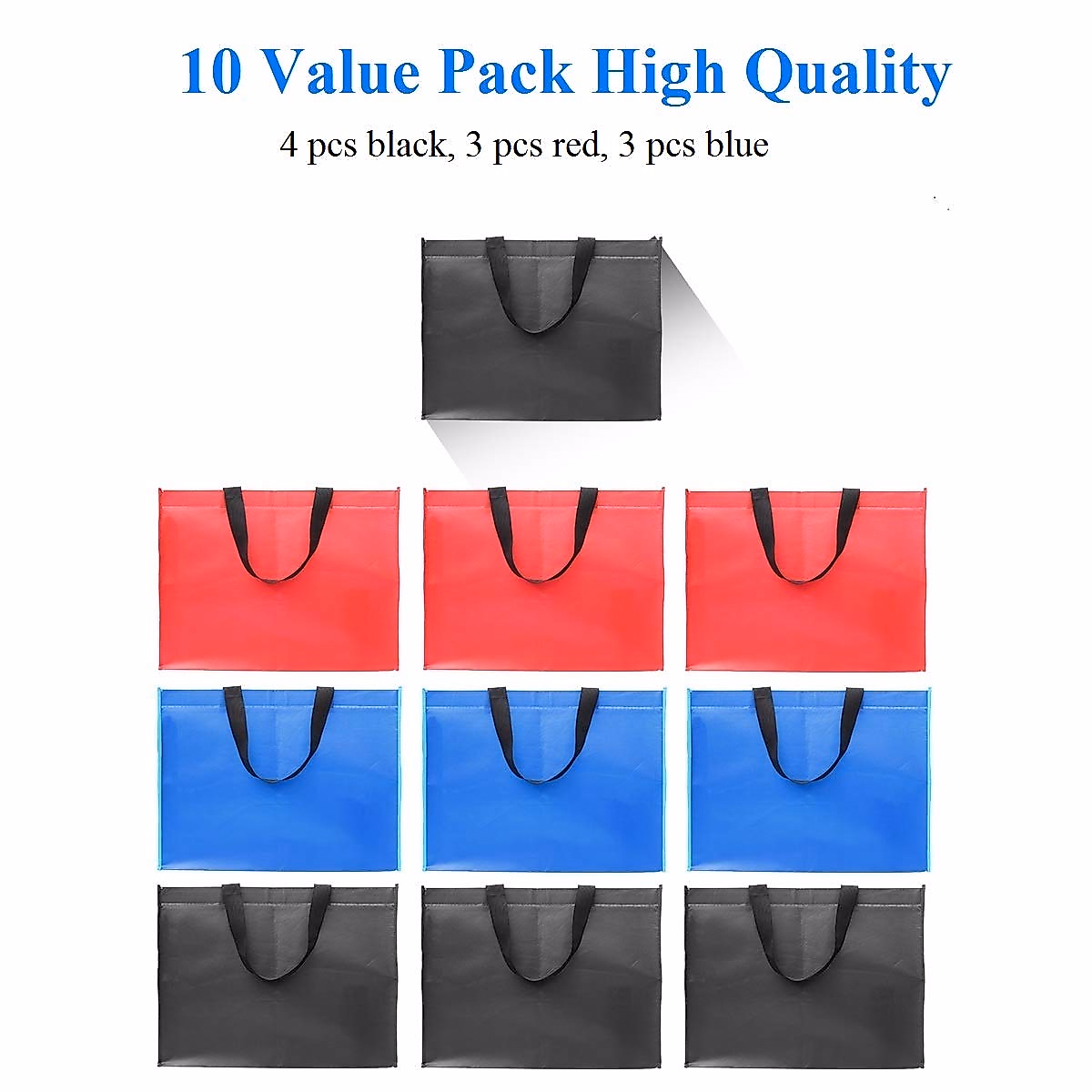 Large Reusable Grocery Bags 10 Pack Heavy Duty, Reinforced Handles with X Stitching Hold 50 lbs, Durable Shopping Tote Bags Foldable, Washable & Eco-Friendly, 2 Years Warranty, 3 Colors