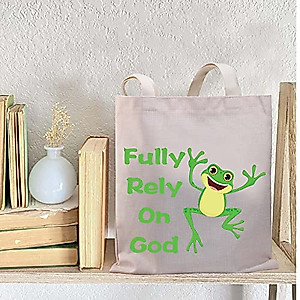 BDPWSS Frog Canvas Tote Bag Frog Lover Gift Crazy Frog Lady Gift Fully Rely On God Frog Christian Bag (Rely Frog TG)