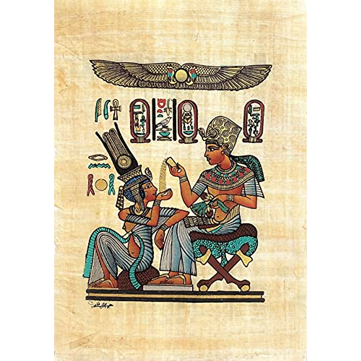 NileCart Collection of 4 sheets Egyptian papyrus paintings Original Hand Painted Papyrus Paper Ancient Egyptian size 9x13 in. handmade in Egypt. (Kings & Queens Collection)