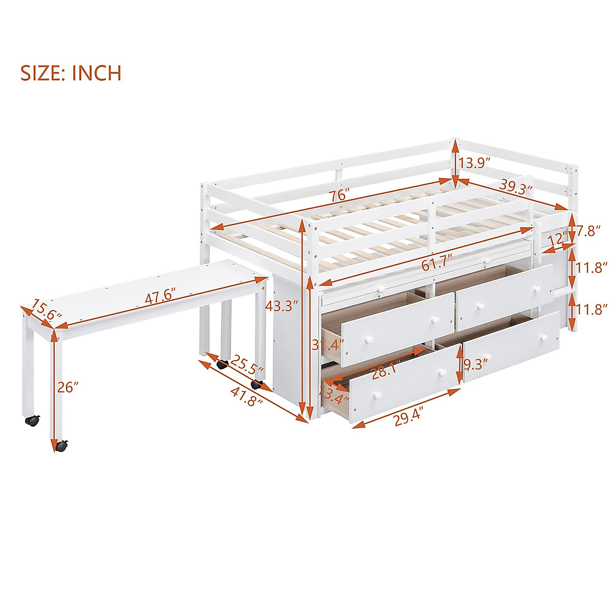 Kids Twin Low Loft Bed with Storage, Twin Size Loft Bed with Portable Desk and 4 Drawers, Wood Twin Loft Bed with Shelves, Modern Farmhouse Junior Loft Bed for Kids Boys Girls, White