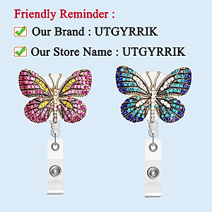 Rhinestones Retractable Badge Reel, Bling Diamond Nurse Badge Holder Reels with Swivel Alligator Clip for Teachers Students Volunteers Employees (2 Pack Crystal Blue and Pink Butterfly)