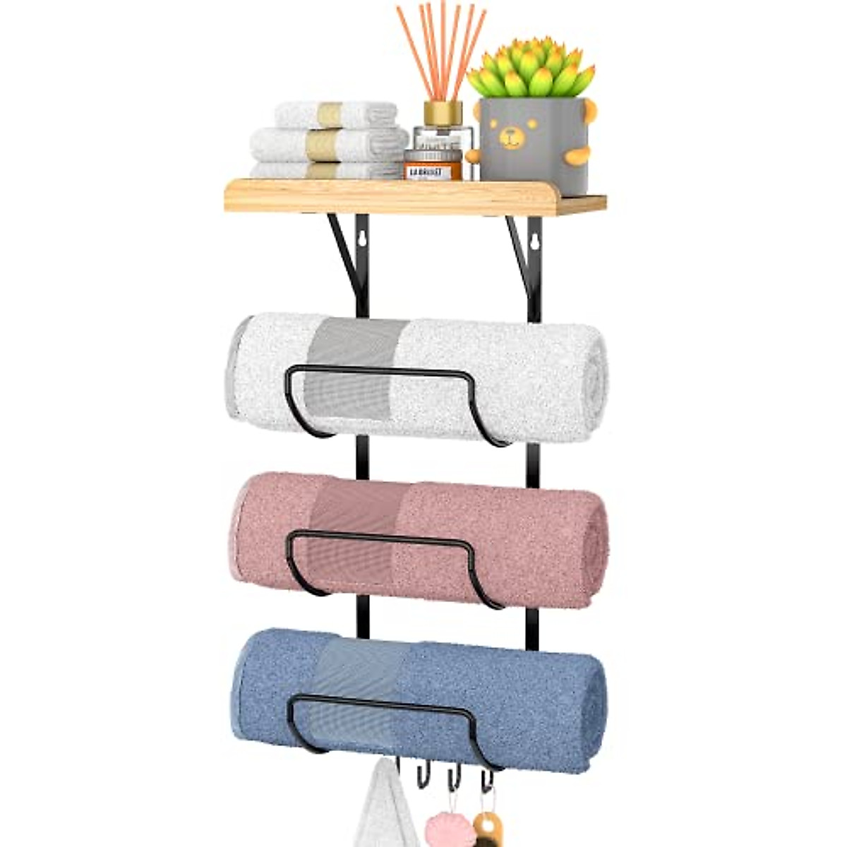 Goramio Wall Mounted Towel Rack for Bathroom - Metal Towel Storage Organizer with Wooden Top Shelf and 4 Hooks - Towel Holder for Rolled Towels, Bath Towels, Washcloths, Hand Towels, Small Towels