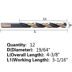 12 PCS 19/64" HSS Black and Gold Coated Twist Drill Bits, Metal Drill, Ideal for Drilling on mild Steel, Copper, Aluminum, Zinc Alloy etc. Pack in Plastic Bag