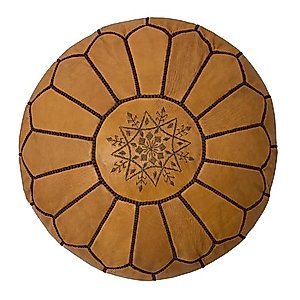 KESHMARK Luxury Handcrafted Moroccan Leather Pouf - Boho Chic Ottoman Seat & Footstool for Living Room Decor - Foot Rest - Round Ottoman (Light Tan with Brown Thread, Cover)