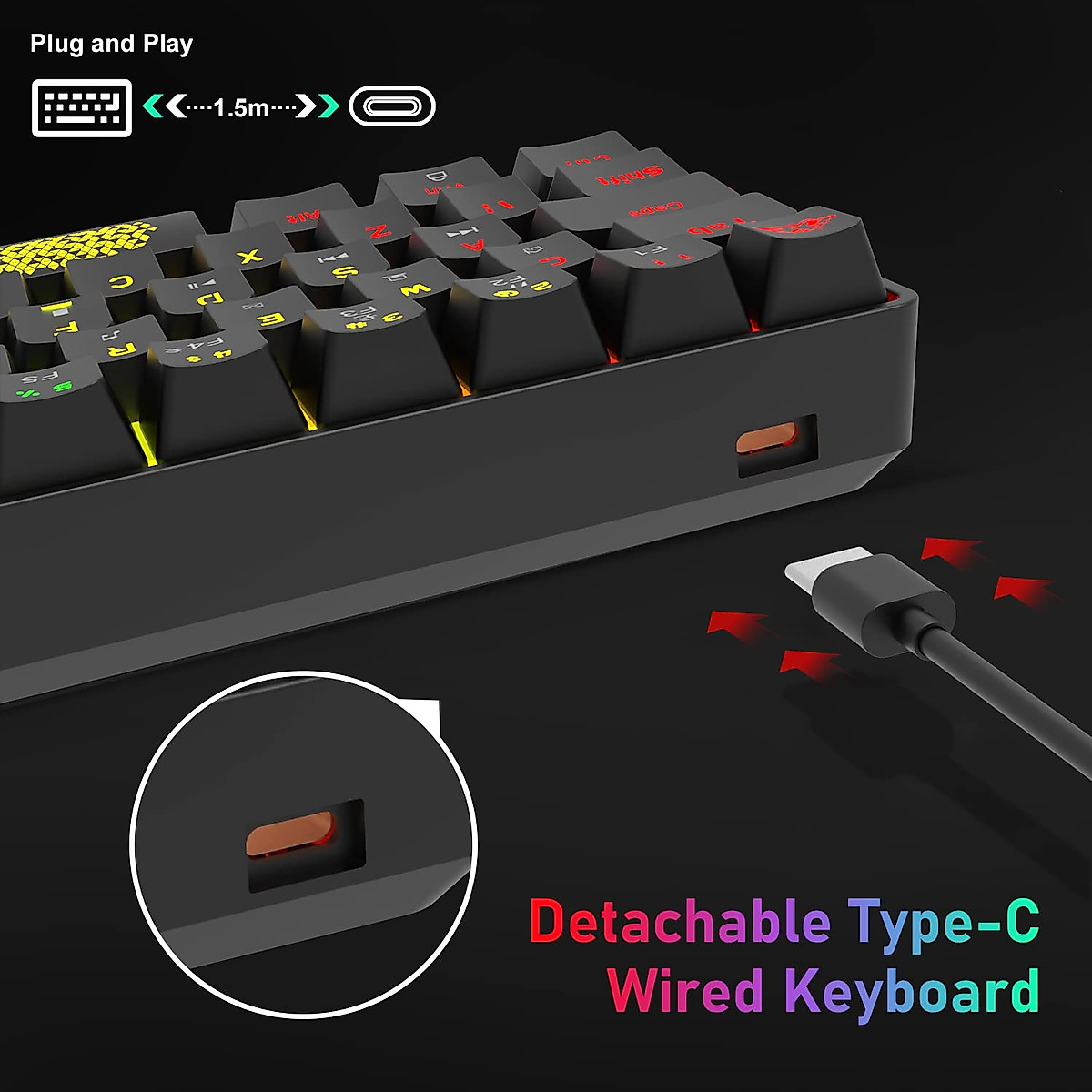 FELICON Portable 60% Mechanical Gaming Keyboard Type C Wired 62 Keys LED USB Waterproof Mini Keyboard 20 Chroma RGB Backlight Anti-ghosting Keys+Extra Keycaps for Computer/PC/Laptop/MAC
