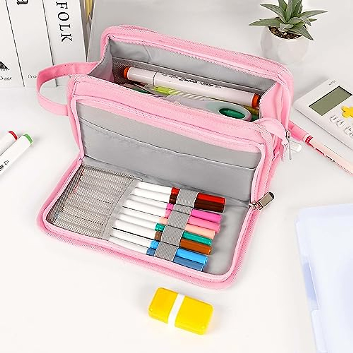 Sooez Large Pencil Case, Big Capacity Pencil Pouch Pen Bag with 3 Compartment, Portable Canvas Stationery Organizer with Zipper, Cute Aesthetic School Supplies For Teen Girls Boy College, Pink