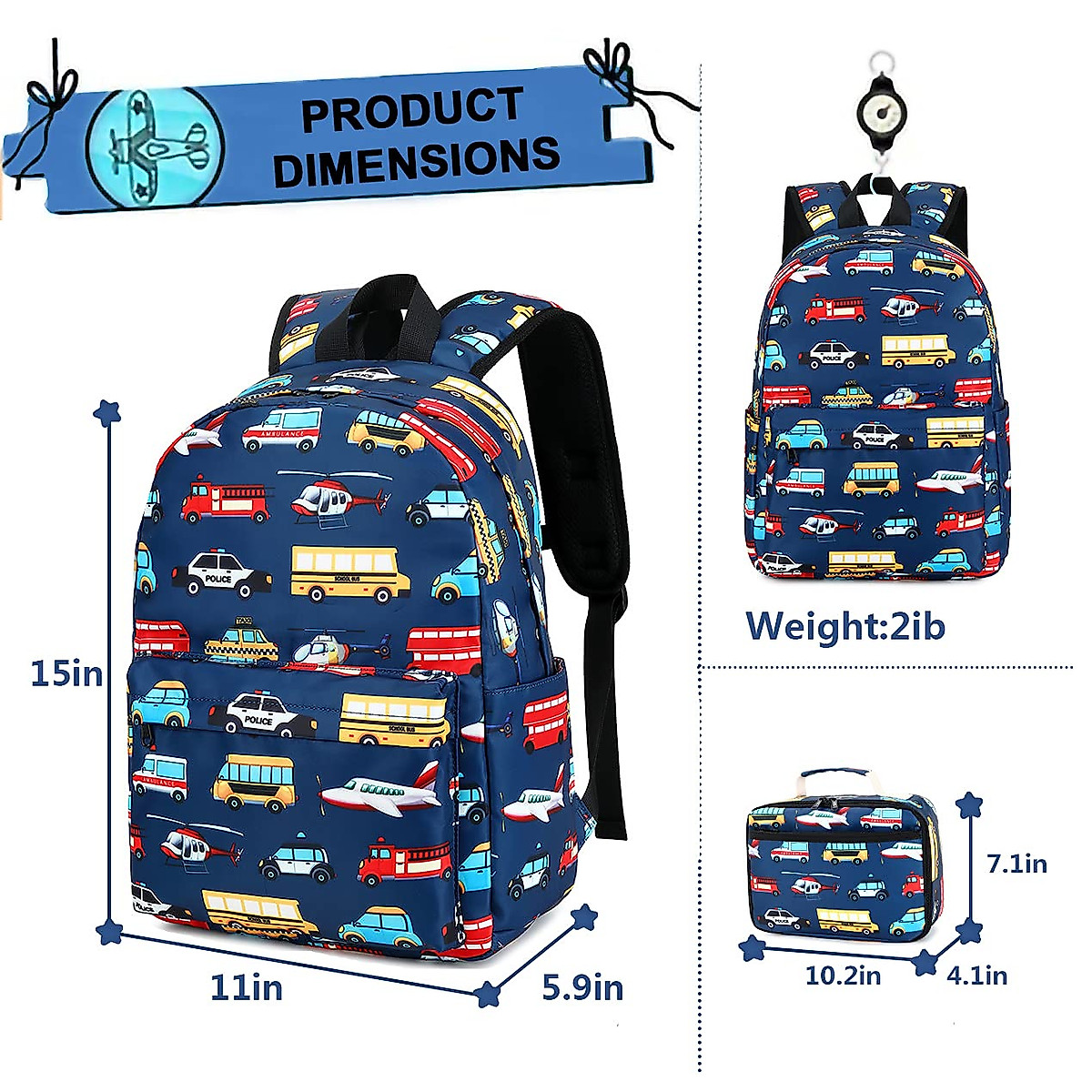 LEDAOU Kids School Backpack with Lunch Box for Boy Kindergarten BookBag School Bag Preschool Kindergarten Toddler Backpack (Car Airplane Pattern-Navy)