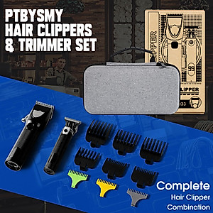 PTBYSMY Hair Clippers for Men, Professional Cordless Barber Clippers and Beard Trimmer Set, Complete Hair Cutting Kit with 16Pcs Guide Combs, LED Display, T Blade Trimmer, Storage Bag for Hair Cutting