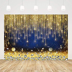 AIBIIN 7x5ft Royal Blue Gold Glitter Backdrop Gold Sparkle Bokeh Spot Diamond Birthday Boy Girl Homecoming Prom Graduation Wedding Bridal Shower Photography Background Party Decorations Banner Props