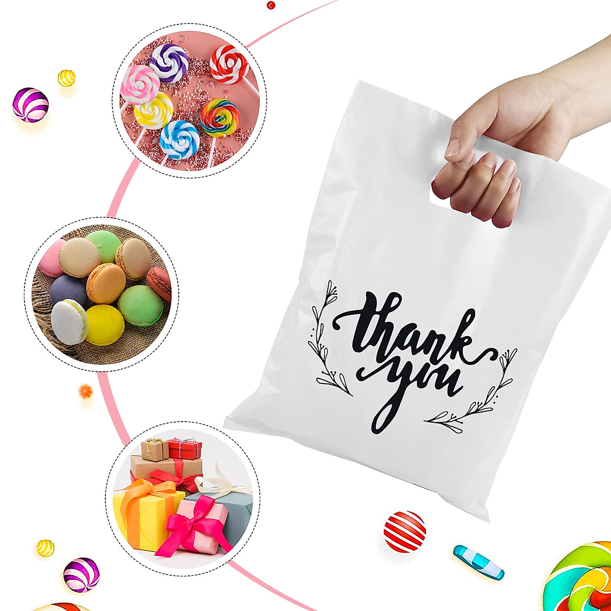 KEEPARTY 100 PCS Small Thank You Merchandise Bags Plastic Goodie Bags Party Favor Bags for Birthday Party Baby Shower Wedding Merchandise Gifts Trade Shows (White)