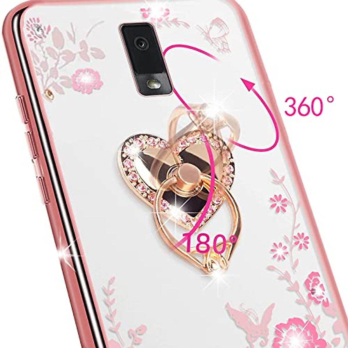 for Blu View 3 Phone Case, Blu View 3 Case for Women Glitter Crystal Butterfly Heart Floral TPU Luxury Bling Cute Protective Cover with Kickstand Strap Glitter for Blu View 3 B140DL (Rose Gold)