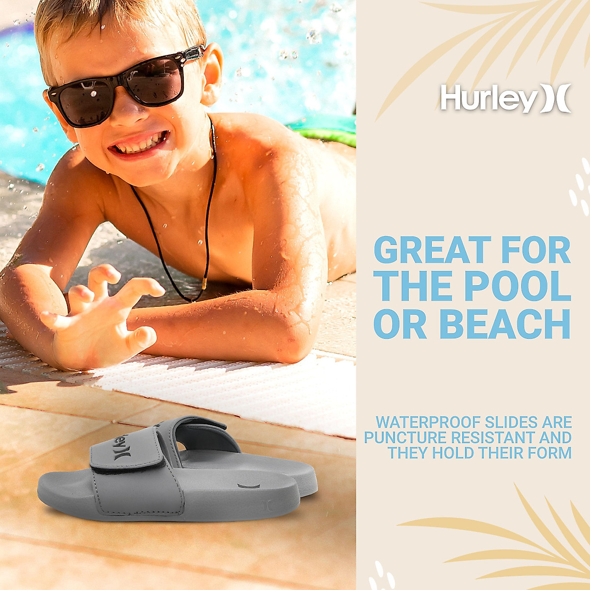 Hurley Naia Slides for Girls and Boys, Slip-On Kids Slippers with Adjustable Strap, Kid's Sandals for Indoor and Outdoor, Adjustable Sporty Slides for Kids, Eva Footbed Shower Slides, Grey