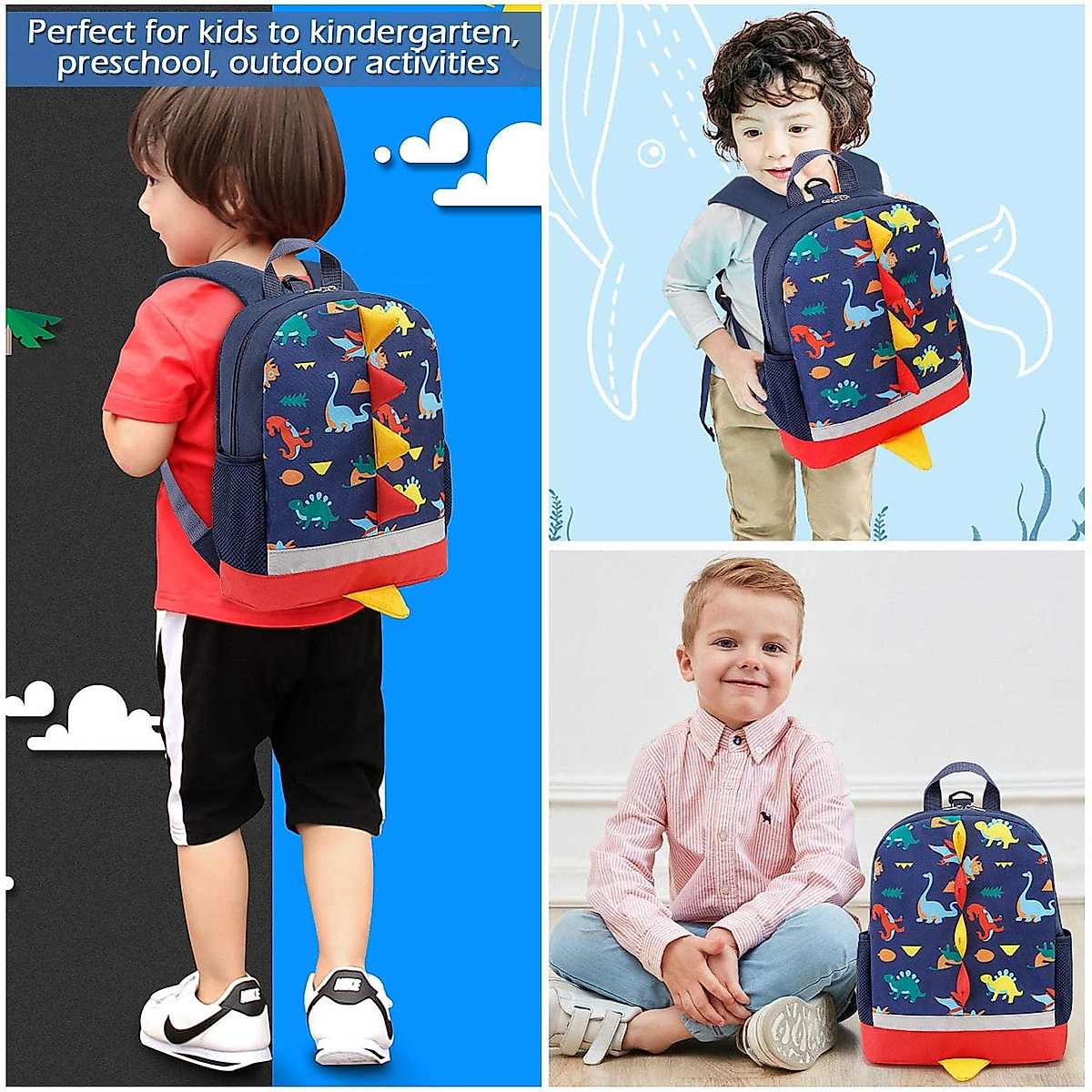 Cosyres Toddler Backpack Dinosaur Preschool for Boys Girls with Leash Chest Strap,Toddler Rucksack Kids School Bag for Boys 3-5 Years 33x10x27cm/13x3.9x10.6in