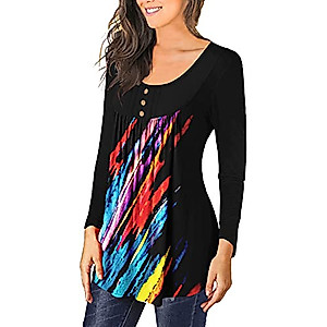 BeadChica Women's Casual Tunic Tops To Wear With Leggings Long Sleeve Floral Henley Blouses Botton Up Shirts-Print-S Black Color