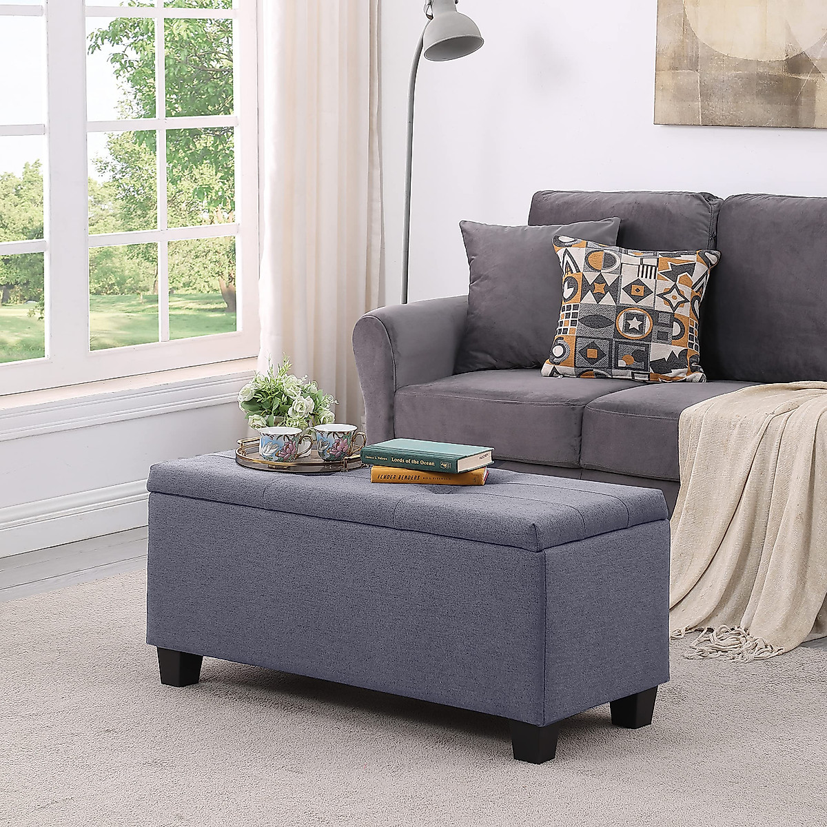 Tassullo Hinged Storage Ottoman Set of 3, 38'' Living Room Storage Bench with Thick Seating, 2pcs Small Square Dorm Stool Couch Side Foot Rest