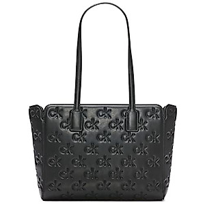 Calvin Klein Noa Top Zip Tote, Black/Gunmetal Twin Brick Embossed