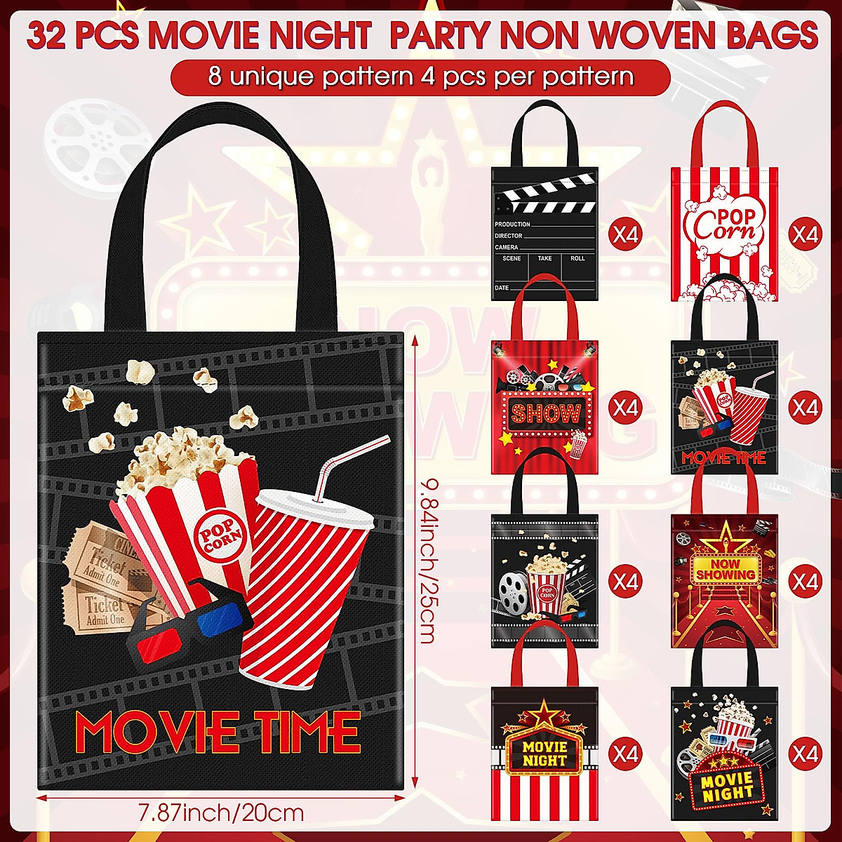 Photect 32 Pcs Movie Night Party Favor Bags Movie Theater Party Favor Treat Bags Movie Themed Non Woven Candy Goodie Gift Bags for Movie Now Showing Baby Shower Birthday Party Decoration Supplies