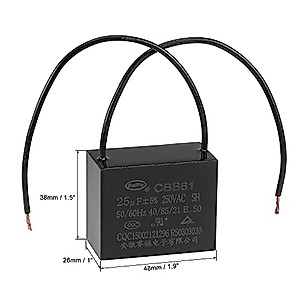 uxcell Ceiling Fan Capacitor CBB61 25uF 250V AC 2 Wires Metallized Polypropylene Film Capacitor 48x38x26mm for Electric Fan Pump Motor Generator