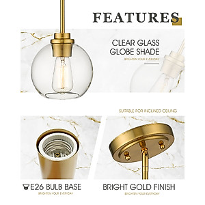 Audickic Pendant Lights Kitchen Island 2 Pack, Gold Pendant Light with Clear Glass Globe Shade, Farmhouse Hanging Light Fixtures for Dining Room, 22280-1P2-GD-C-V