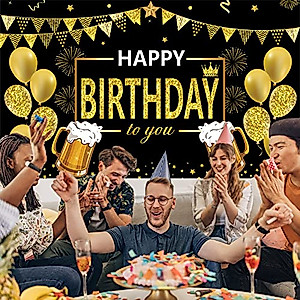 Black and Gold Happy Birthday Banner Decorations, Black Gold Happy Birthday Theme Backdrop Party Sign Supplies, 21st 30th 40th 50th 60th 70th 80th Birthday Poster Background Photo Booth Props Decor