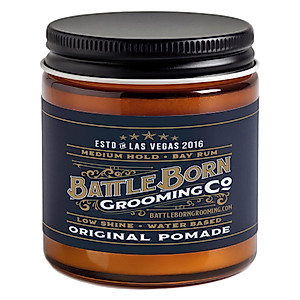 Battle Born Grooming Co Original Pomade for All Hair Types, Bay Rum, 4 oz., Medium Hold, Low Shine, Natural Ingredients, Water Based