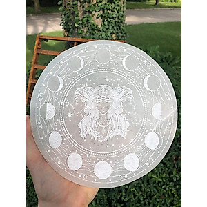 CrystalsAhoy Ethically Mined 6" Etched Selenite Charging Plate, Etched with Hecate, Goddess Charging Station, Etched in Appleton, WI USA