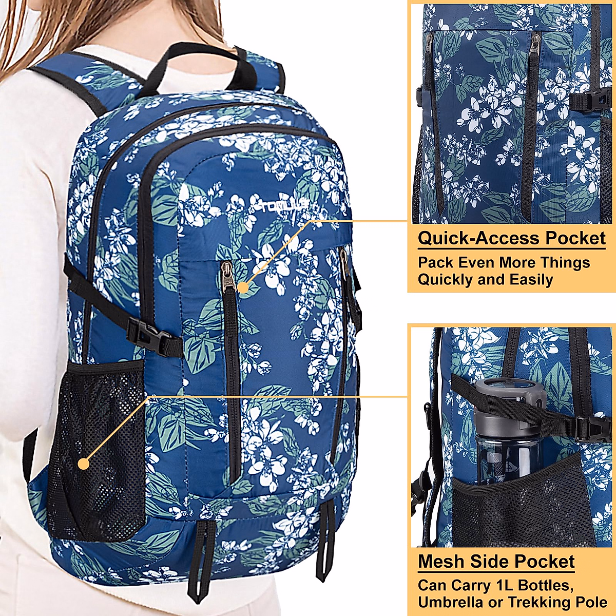 TOMULE Women's Day Hiking Backpack, Lightweight Travel Backpack with Floral Design
