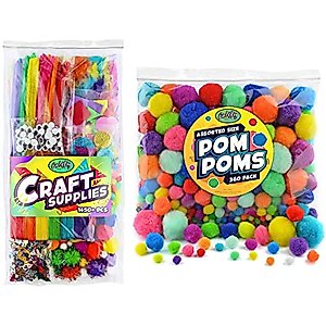 Carl & Kay Assorted Size 360 Pom Poms + 50 Googly Eyes & 1450+ pcs Crafts Supplies for Kids