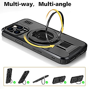 EWA MagOne Case Designed for iPhone 14 Pro Max Case Compatible with Magsafe with Ring Stand, Strap Grip, Dual Magnet Stick to Metal, Rugged Shockproof Protective (Black)