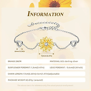 SNZM Bracelets for Women-925 Sterling Silver Sunflower Bracelet Chain Adjustable Heart Charm Link Birthday Sunflower Jewelry Gifts for Women/Daughter/Girlfriend