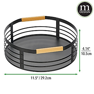 mDesign Modern Metal Lazy Susan Turntable Tray - Rotating Storage Spinner Basket and Holder for Kitchen, Pantry, Counter, Table, Fridge - 11.5 Inch Round - Matte Black/Natural Bamboo Handles