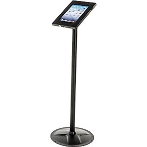 Displays2go iPad and Tablet Floor Stand, Locking, 360-degree Rotating Enclosure, Cable Management (Black Steel/Aluminum)
