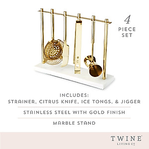 Twine Gold Barware Set, Hawthorne Strainer, Citrus Knife, Ice Tongs, Double Jigger, Marble Stand, Stainless Steel with Gold Finish, Set of 4