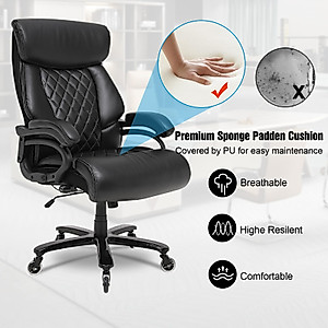 BOWTHY Big and Tall Office Chair 400lbs Heavy Duty Ergonomic Computer Desk Chair with Arms High Back Adjustable Lumbar Support 360 Swivel Task Chair Executive Leather Chair (Black)