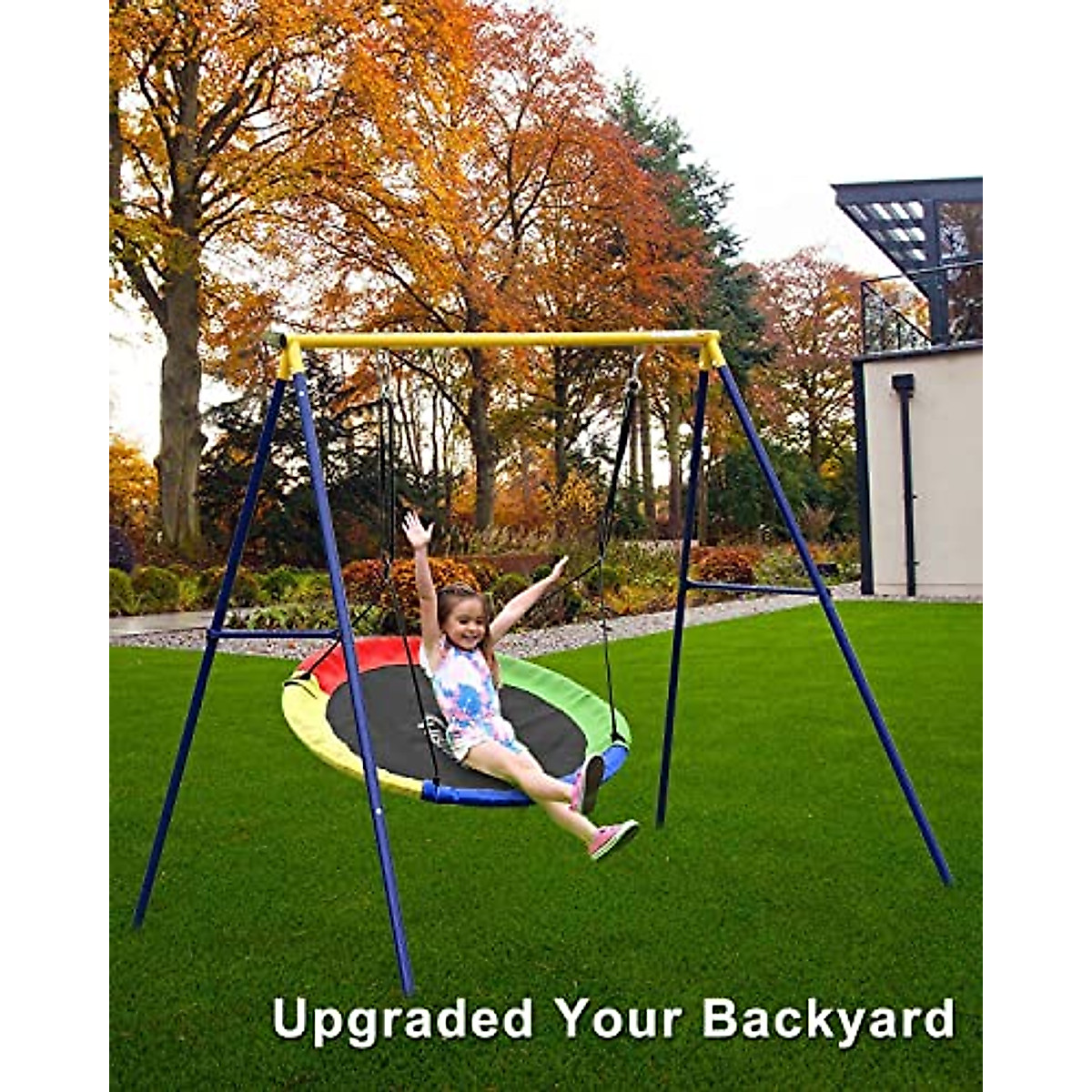 Hishine Swing Stand Heavy Duty Swing Frame Full Steel Metal Frame Swing Set for Backyard, Blue&Yellow (Swing NOT Included)