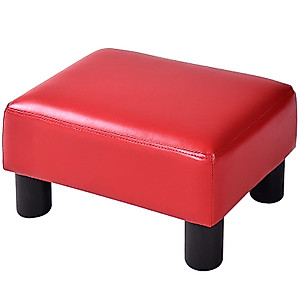Julimoon Footrest Ottoman, Small PU Leather Stool w/Non-Skid Wood Legs, Modern Rectangular Footstool w/Padded Seat for Outdoor, Office, Living Room (Red)
