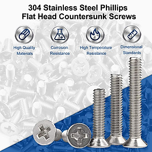 MroMax 100Pcs M3-0.5x16mm Phillips Flat Head Countersunk Machine Screws 304 Stainless Steel Cross Recessed Countersunk Head Bolt Fully Threaded Metric Bolts Fasteners Silver