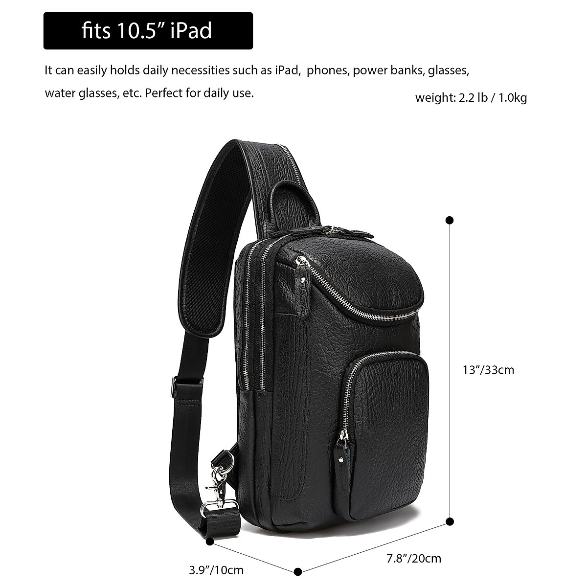 LANNSYNE Men's Vintage Full Grain Leather Sling Bag, Crossbody Chest Daypack fits 10.5" iPad, Black