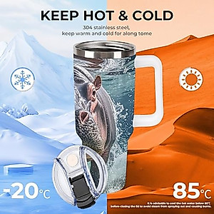 FHECVBN White 40 Oz Insulated Tumbler with Handle Diving Hippo Printed Leakproof Water Bottle Coffee Mug Car Cup for Gym Outdoors Commute Work