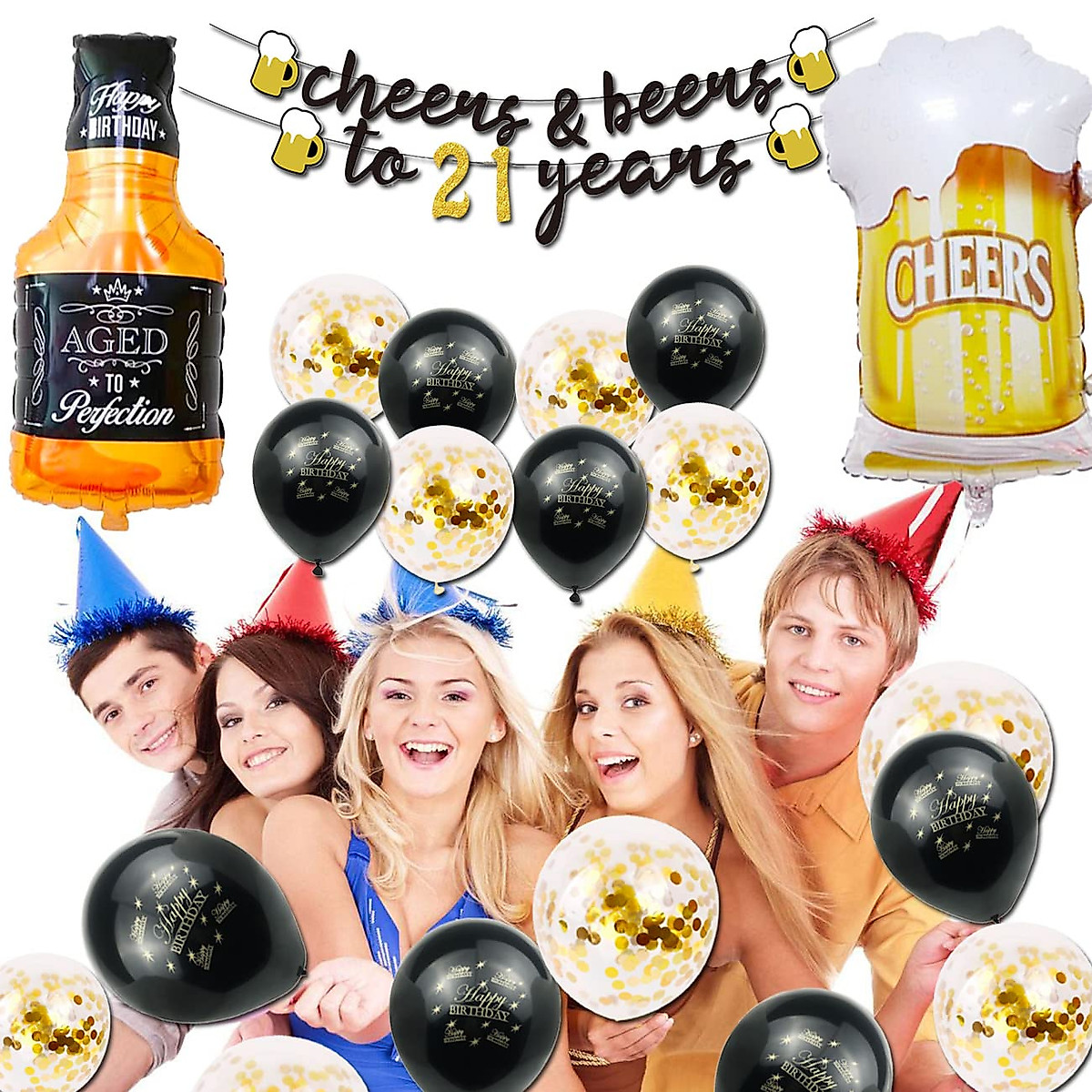40th Birthday Decorations for Men Women, Cheers and Beers to 40 Years Banner Black and Gold Anniversary Birthday Party Decorations with Beer Mug Balloon Confetti Balloons Backdrop Fringe Curtain