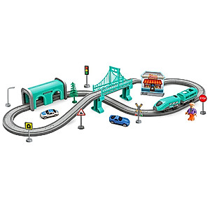 DSHMIXIA Battery Operated Train Set for Kids Electric Train Sets Toys for 3 Year Old Boys 4-7 8-14 Around Wooden Train Track Set for Christmas Tree (City Track Train)