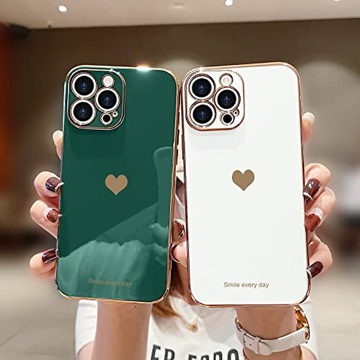 Teageo iPhone 14 Pro Case - Luxury Love Heart Design, Bling Back Cover, Camera Protection, Shockproof, Blackish Green