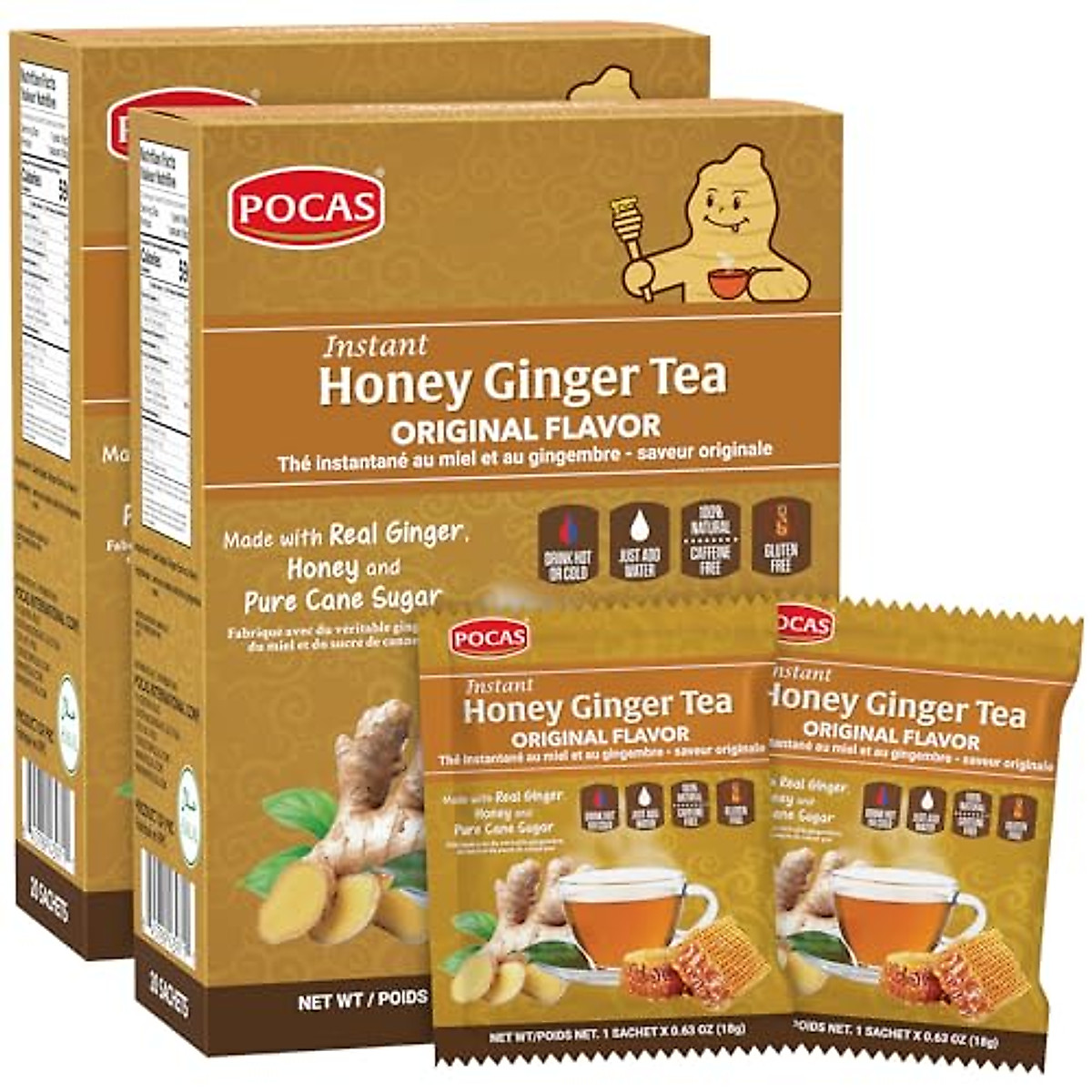 Pocas Honey Ginger Tea - Instant Tea Powder Packets with Ginger Honey Crystals Tea, Non-GMO/Gluten Free/Caffeine Free, 20 Count (Pack of 2)